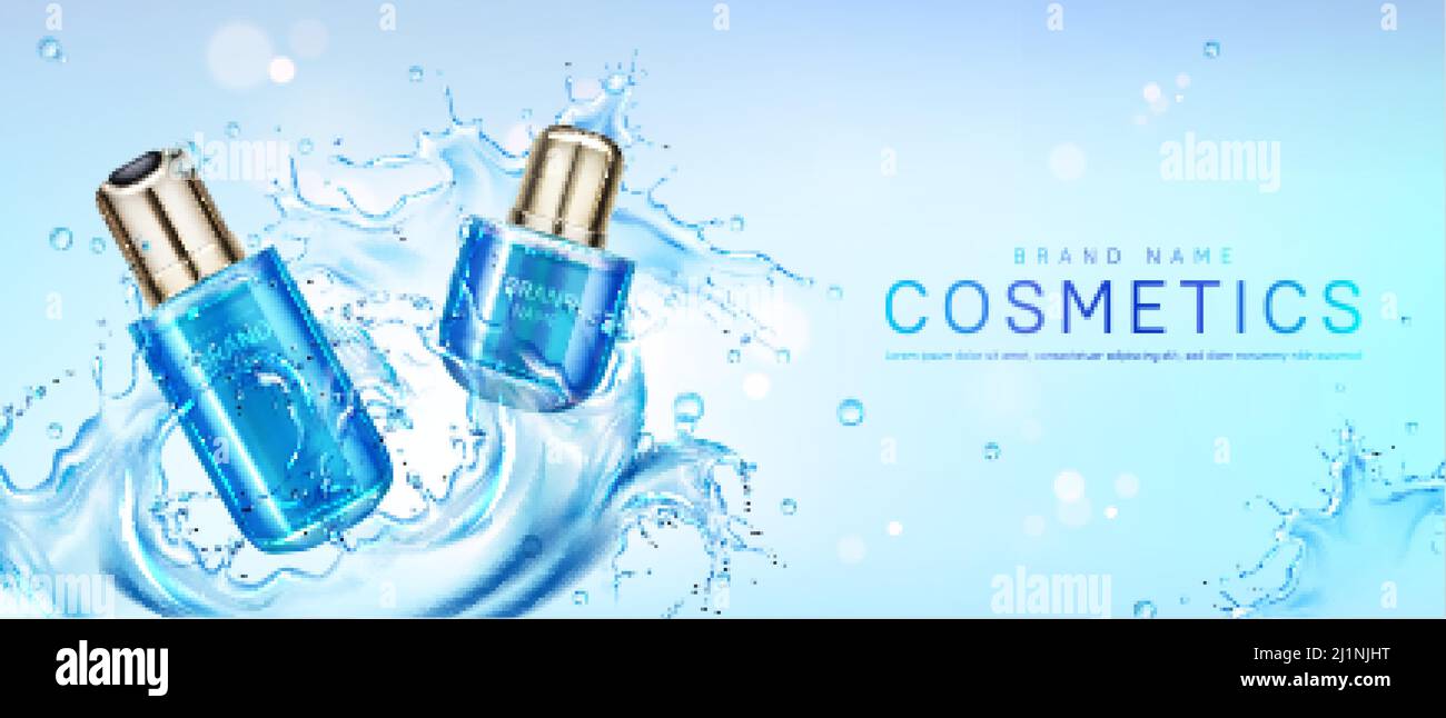 Cosmetic products in water splash. Vector realistic brand poster with ...
