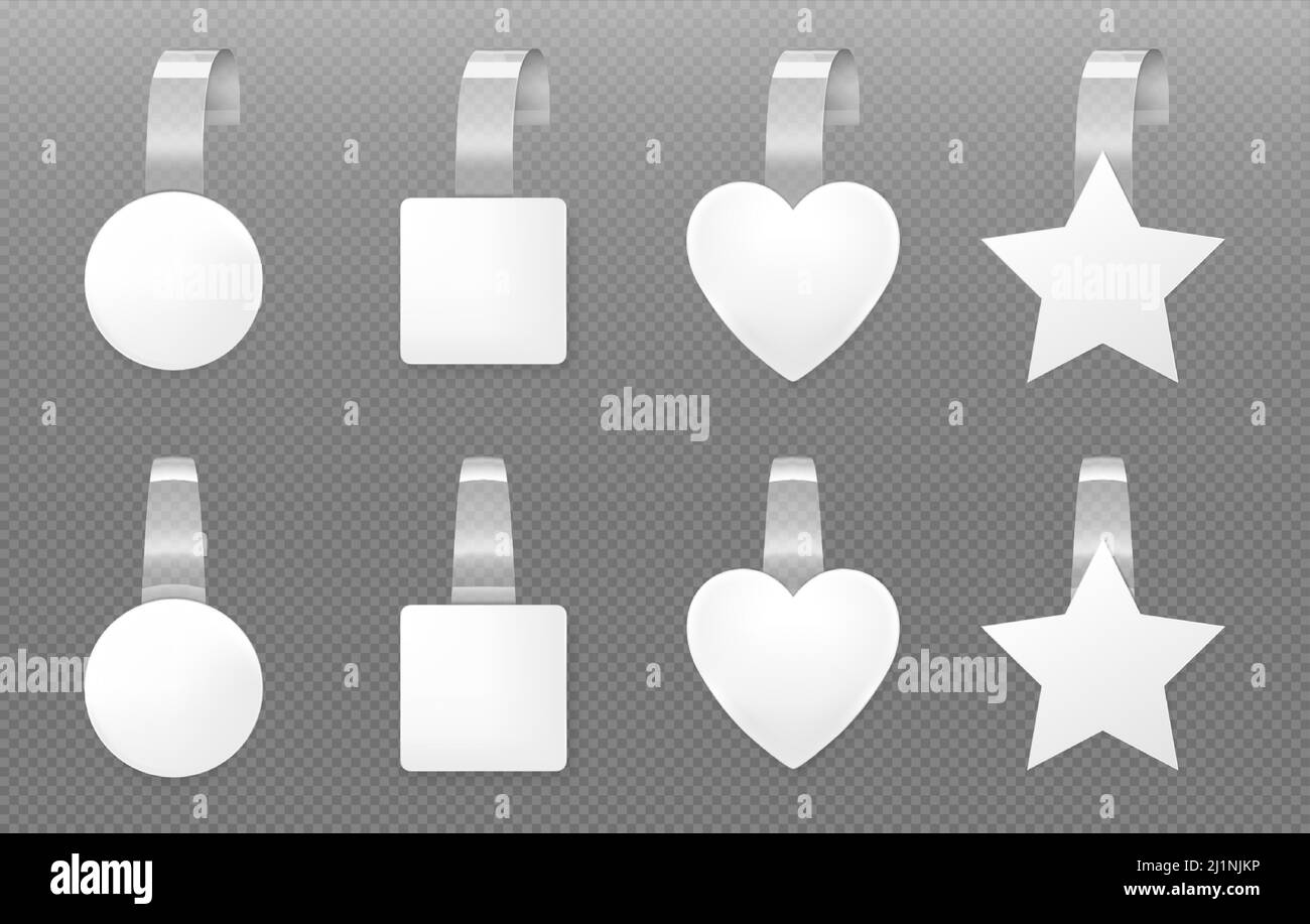 White wobblers mockup. Different shapes price tags front and angle view ...