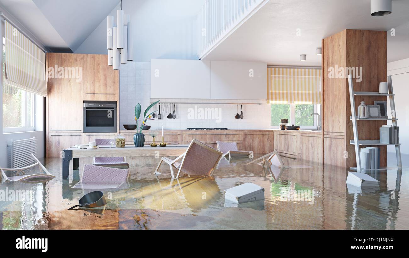 kitchen flooding interior. 3d rendering concept Stock Photo - Alamy