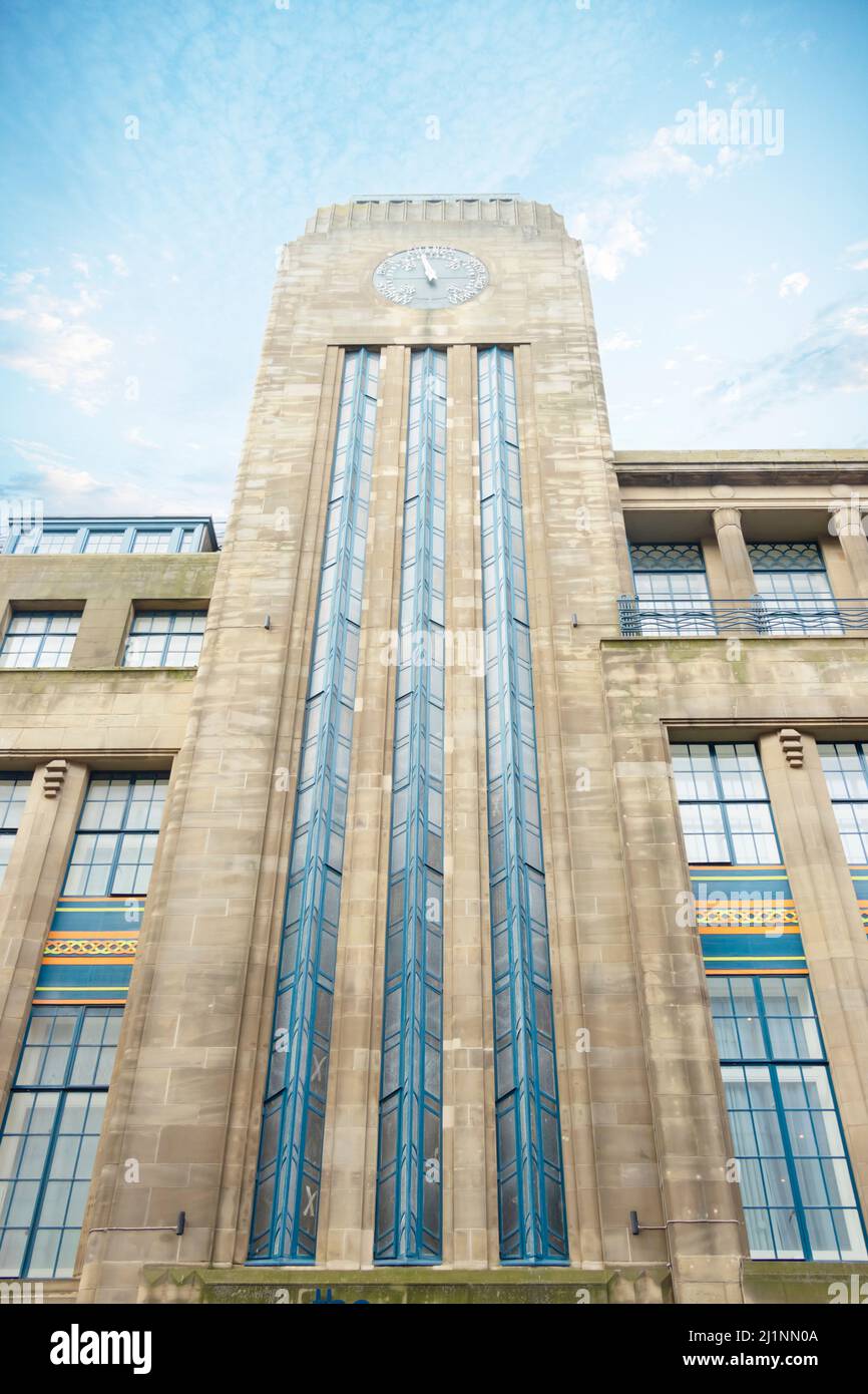 looking up at the clock tower of Art Deco building in Newcastle upon ...