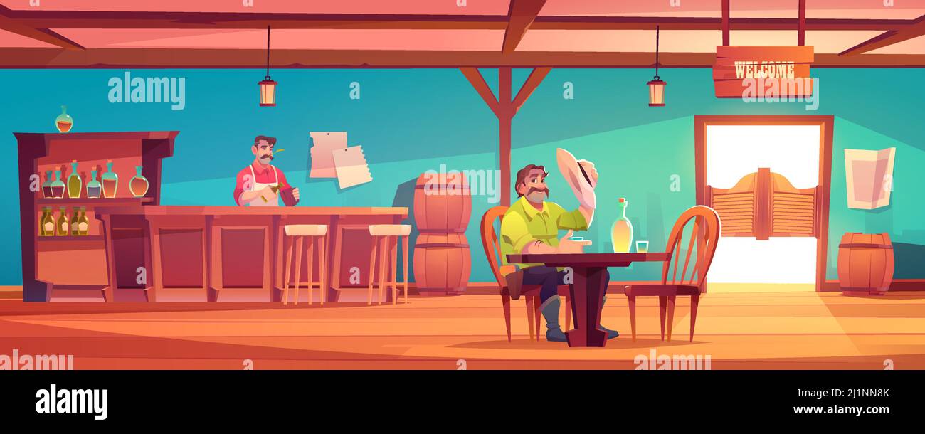 Western saloon with cowboy and barman behind counter. Vector cartoon ...