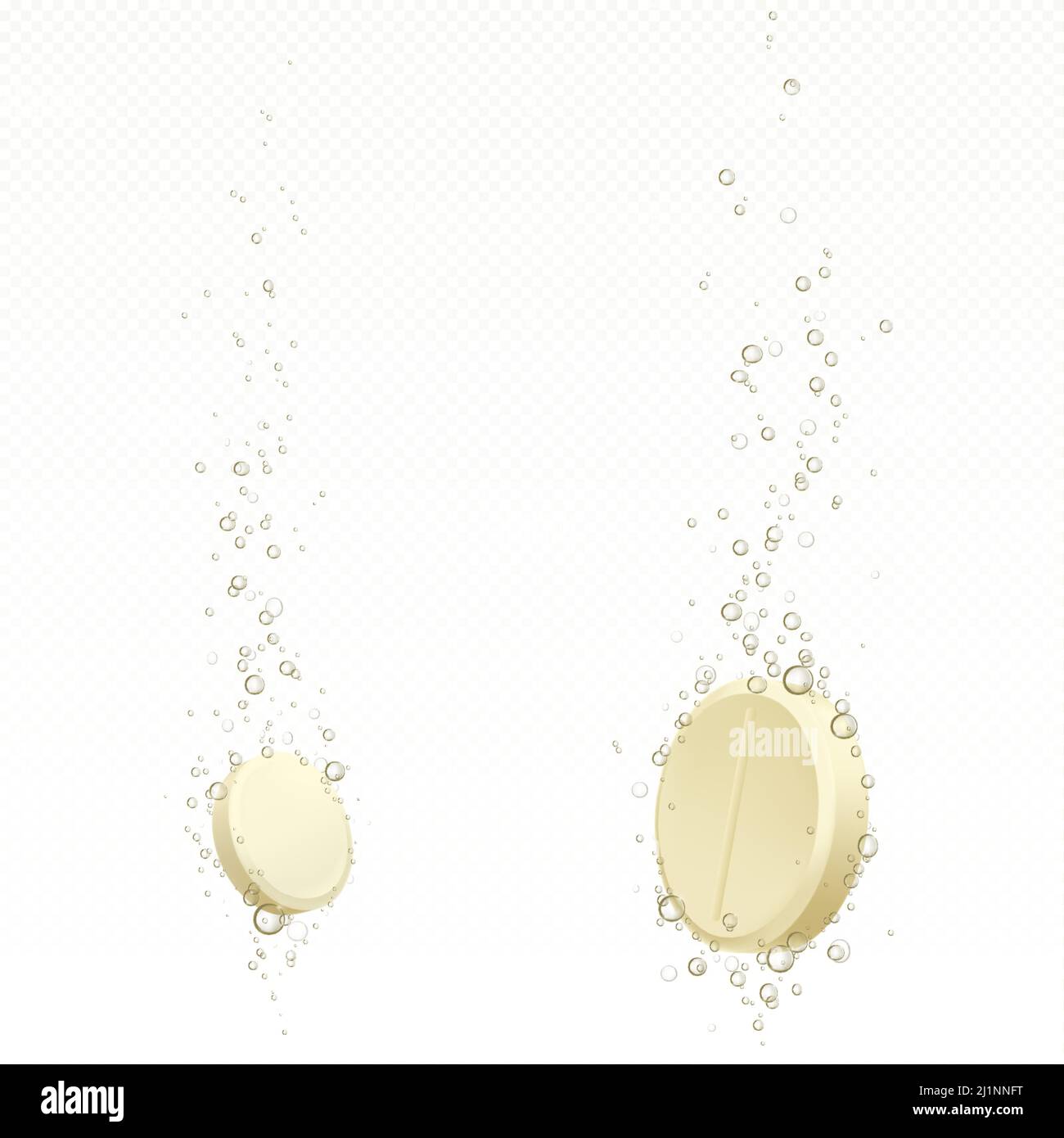 Effervescent soluble tablet with bubbles in water isolated on transparent background. Vector ...