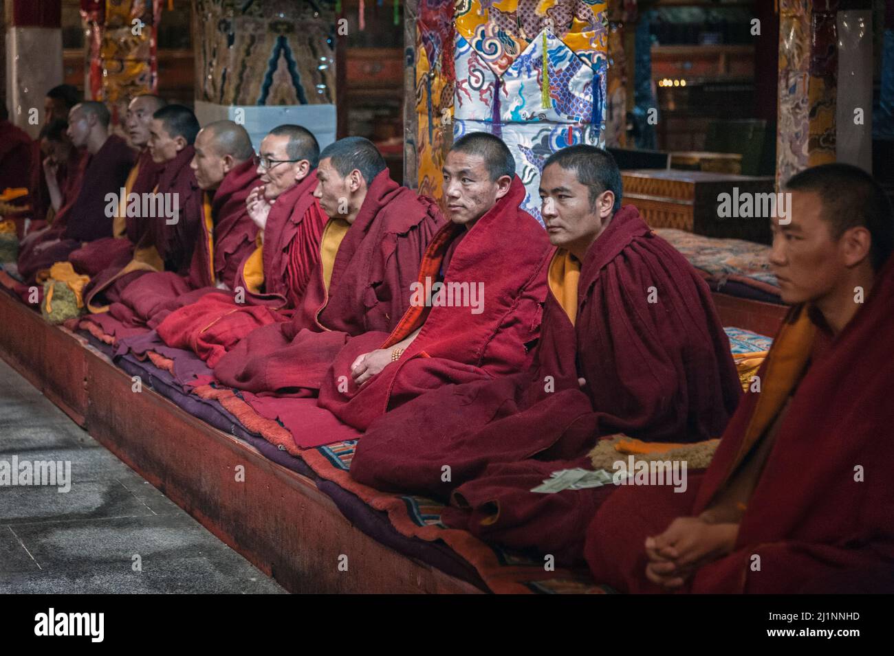 LHASA, TIBET, CHINA - AUGUST, 17 2018: Tibetan monks in the Ganden ...