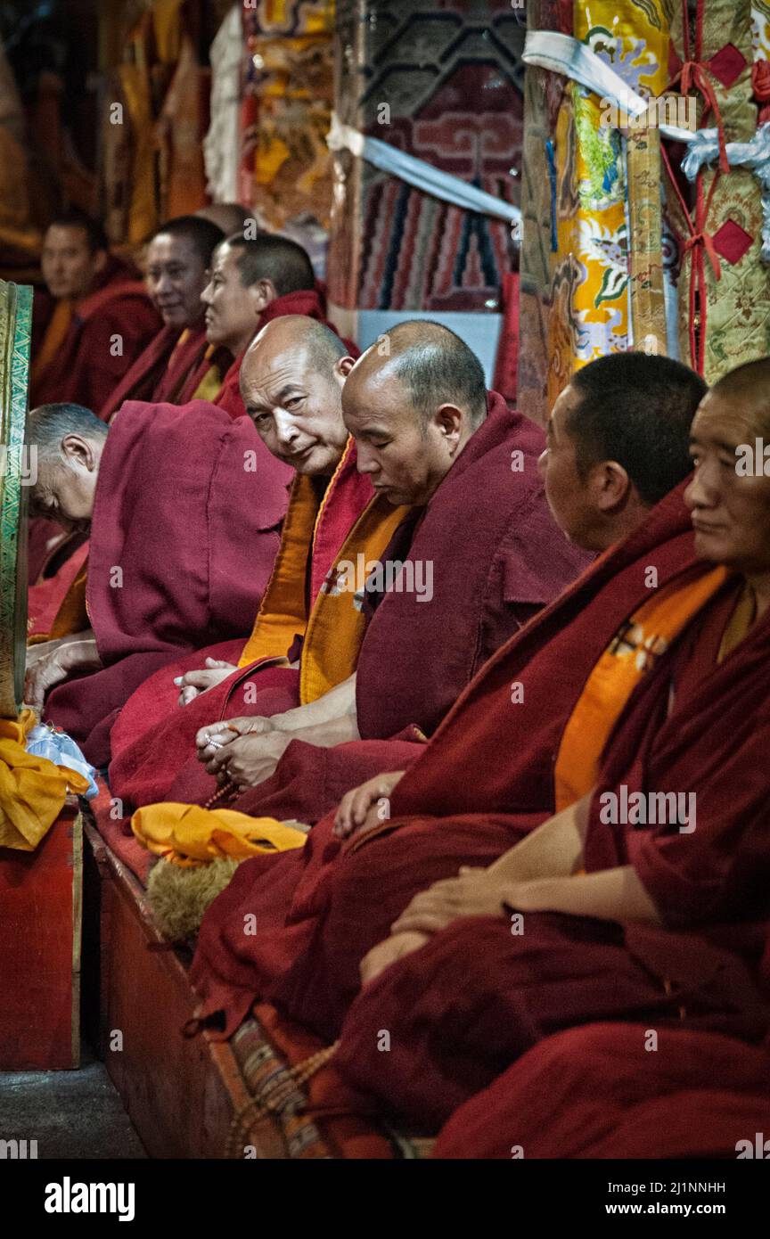 LHASA, TIBET, CHINA - AUGUST, 17 2018: Tibetan monks in the Ganden ...