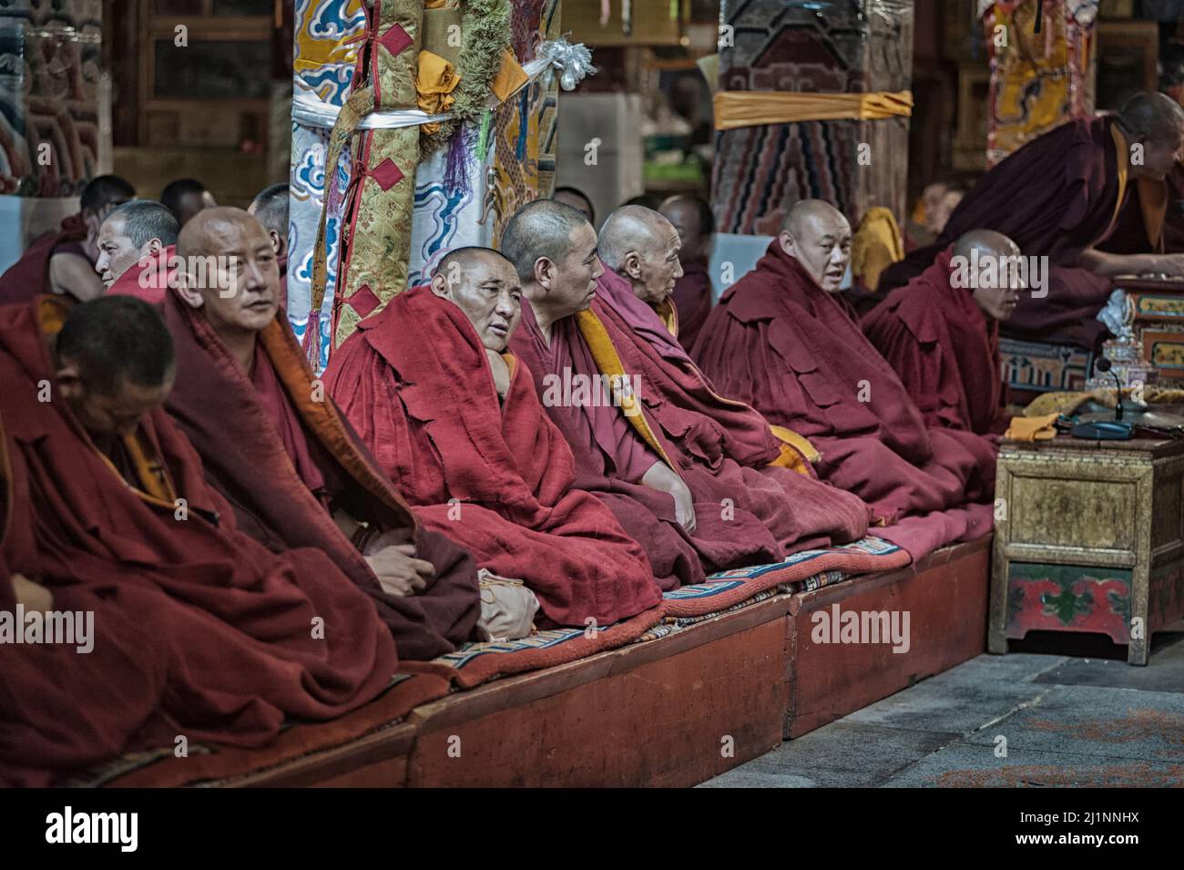 LHASA, TIBET, CHINA - AUGUST, 17 2018: Tibetan monks in the Ganden ...
