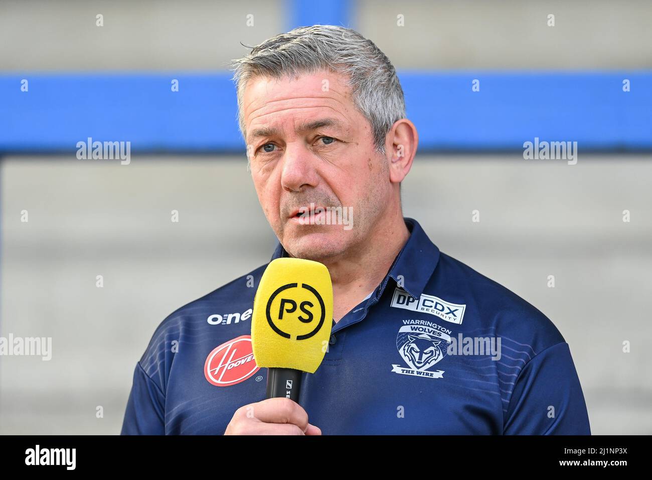 Daryl Powell Head Coach of Warrington Wolves during the pre match press ...