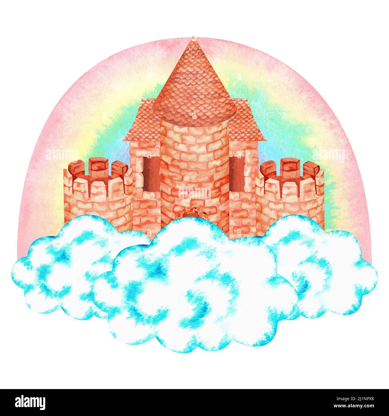Castle in the clouds and a rainbow. Watercolor illustration. Isolated ...