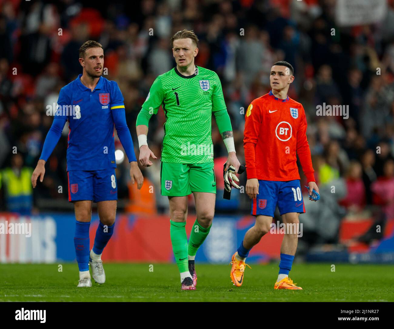 England's Jordan Henderson, Jordan Pickford and Phil Foden at full time ...