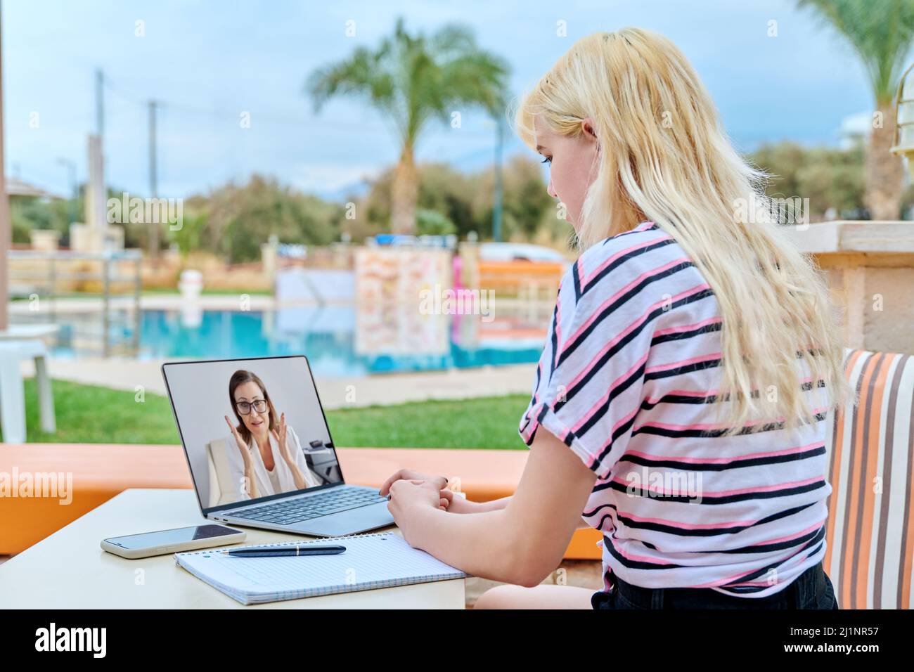 Remote online lesson on laptop screen, web chat with teacher and ...