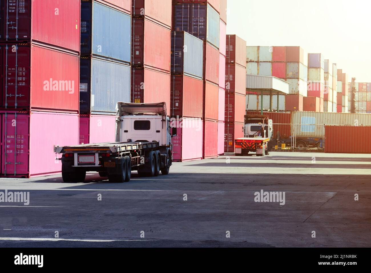 Trucks in the container depot in the import and export area at the port ...