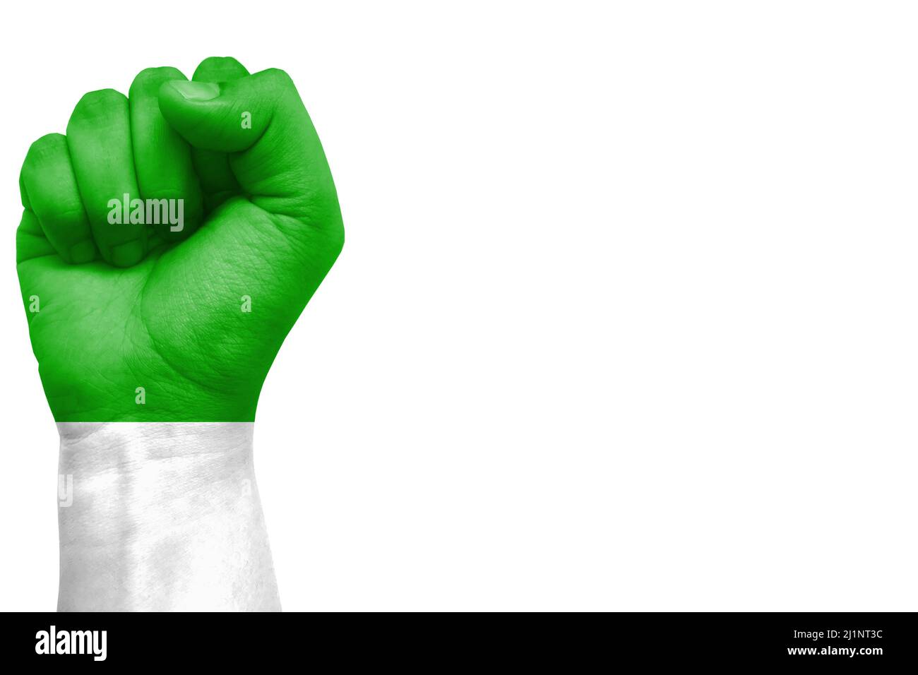 An illustration of a green-white fist with white copy space background ...