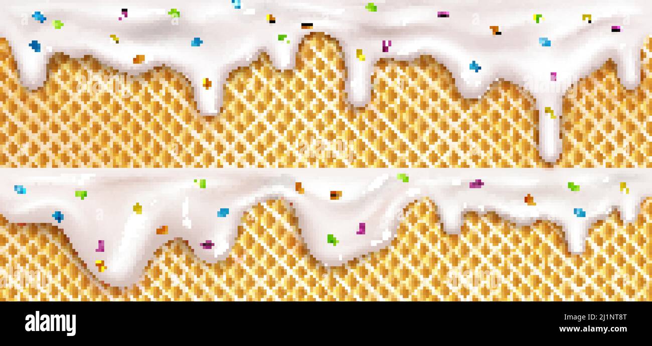 Realistic drip ice cream melted drops with sprinkles on waffle cone ...