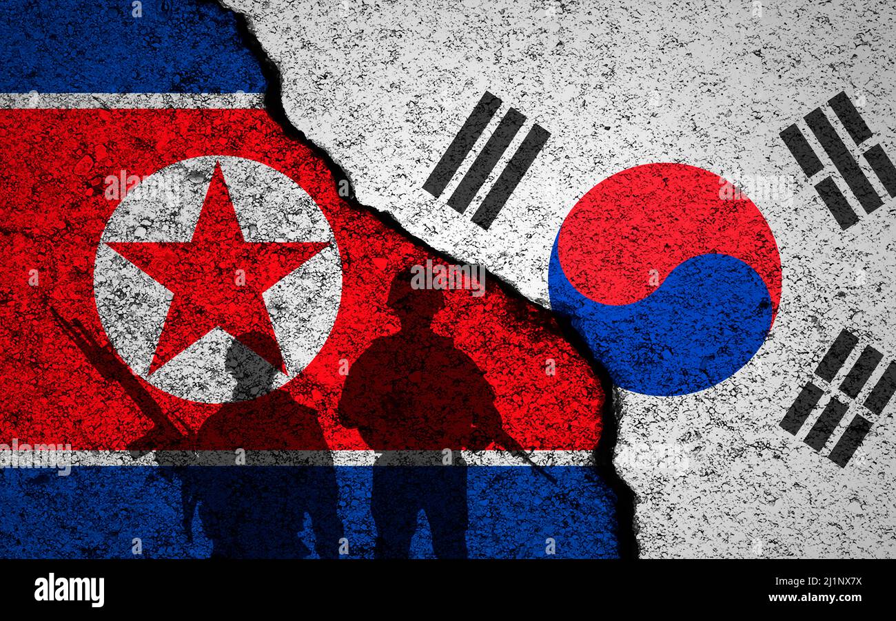 North Korea and South Korea flags background. Cracked wall. Military ...