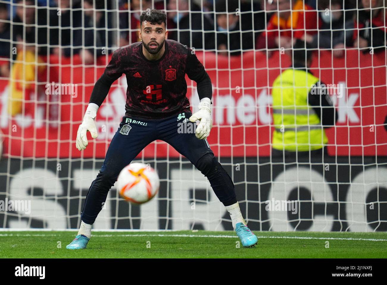 David Raya of Spain during the warm-up during the friendly match ...