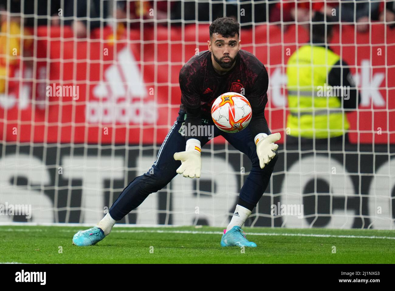 David Raya of Spain during the warm-up during the friendly match ...