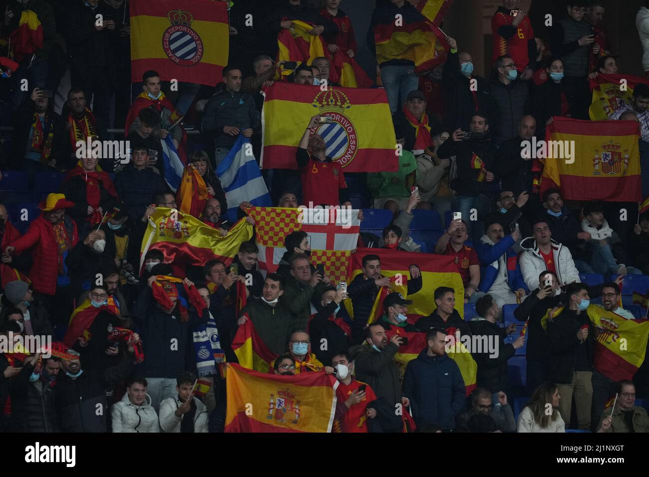 Spain fans with flags on the stands during the friendly match between ...