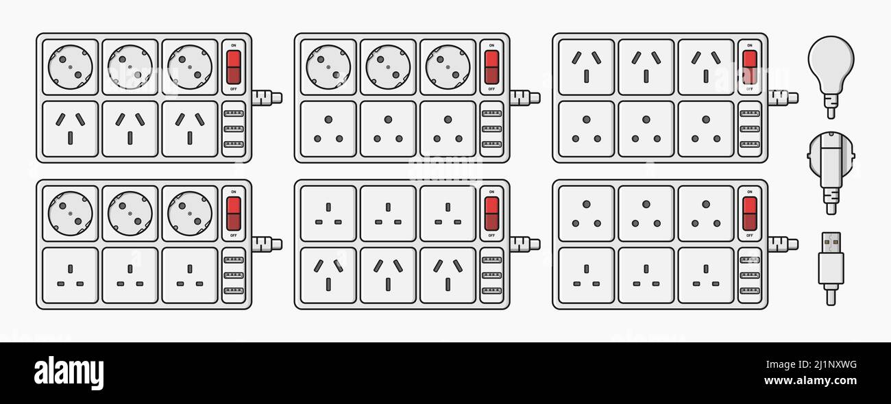 power strip extension cord outlet plug set vector flat illustration ...
