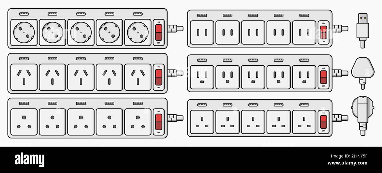 power strip extension cord outlet plug set vector flat illustration ...