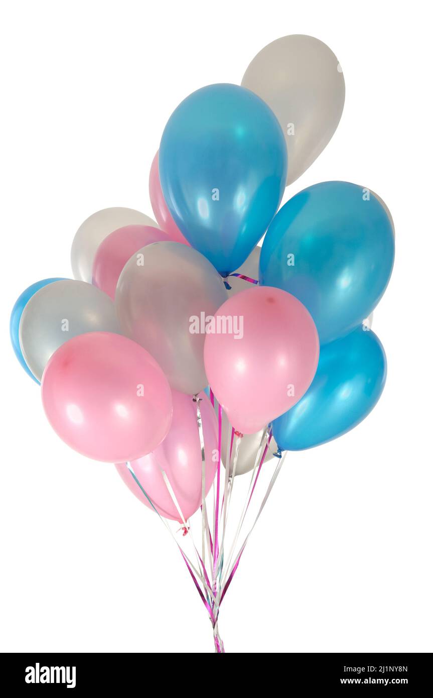 Balloons in strings on clean white background Stock Photo - Alamy