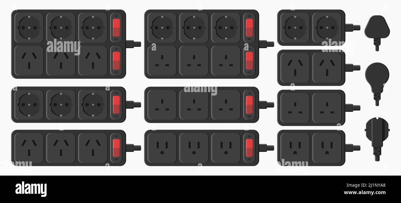 power strip extension cord outlet plug set vector flat illustration ...