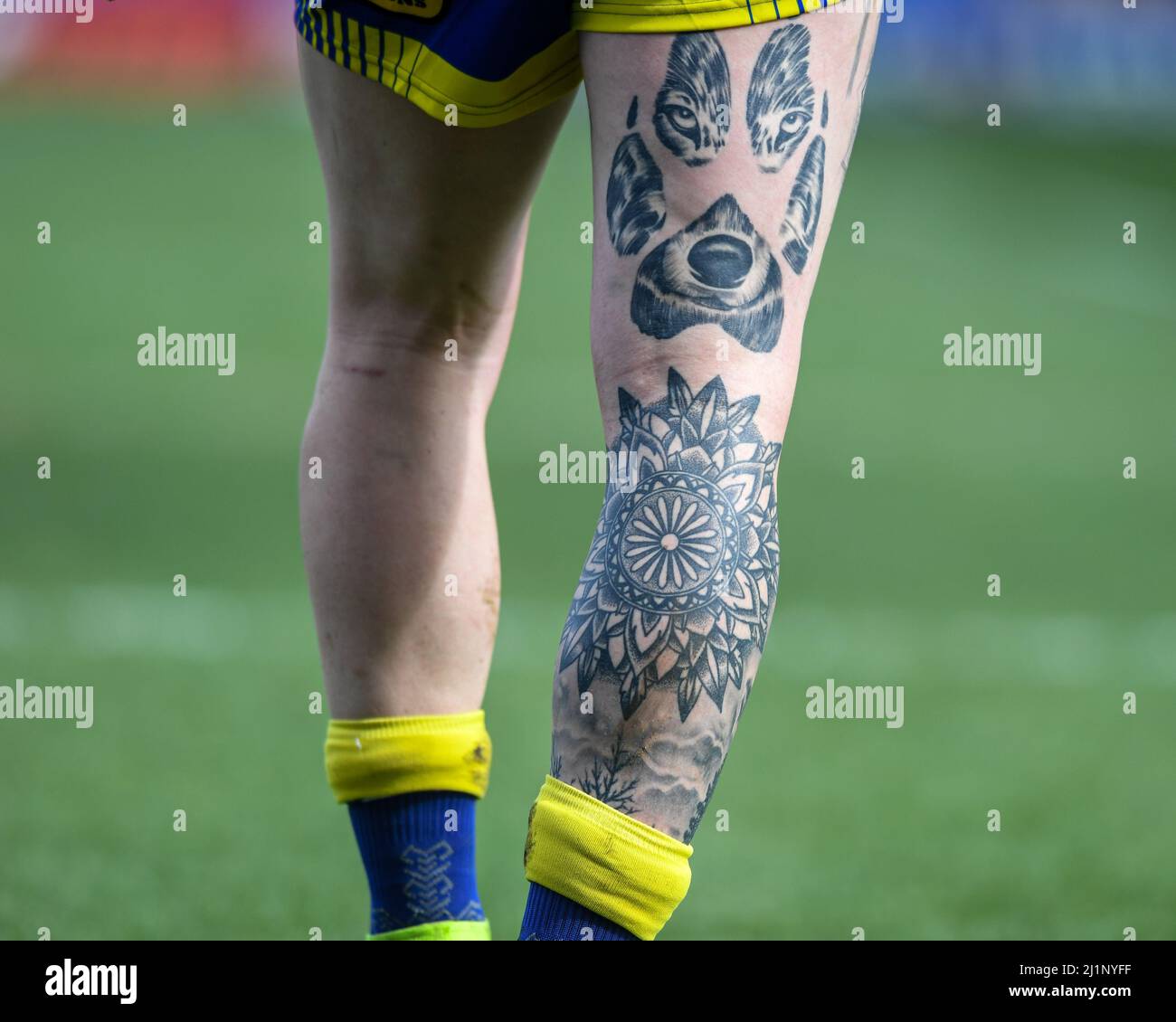 The tattoos on the leg of Josh Charnley #2 of Warrington Wolves Stock ...