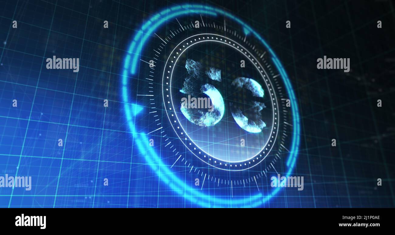 Image of processing circle with rotating 5g over blue and black digital ...