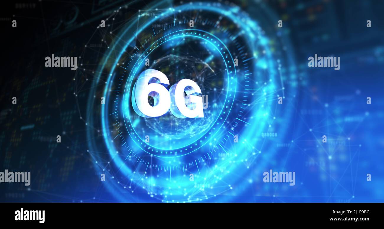 Image of processing circle with rotating 6g over blue and black digital ...
