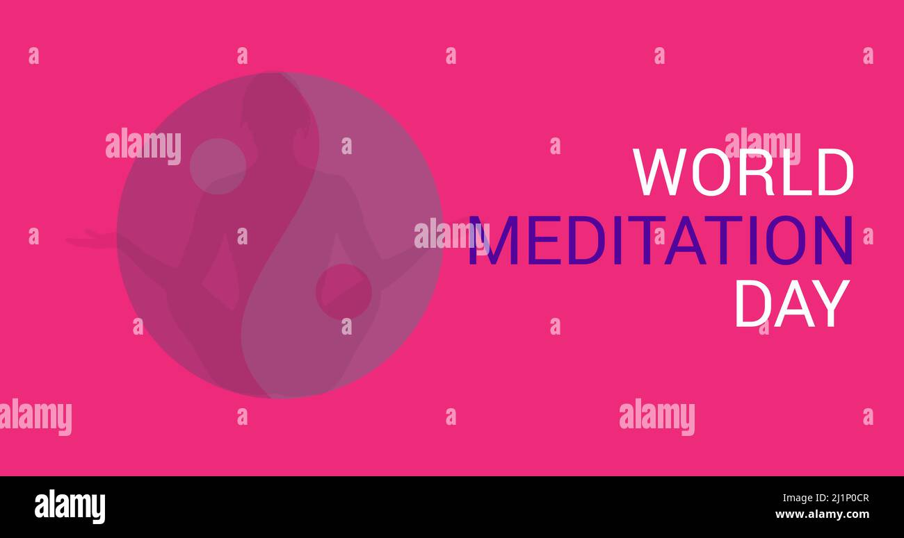 Image of world meditation day text with woman meditating silhouette on ...