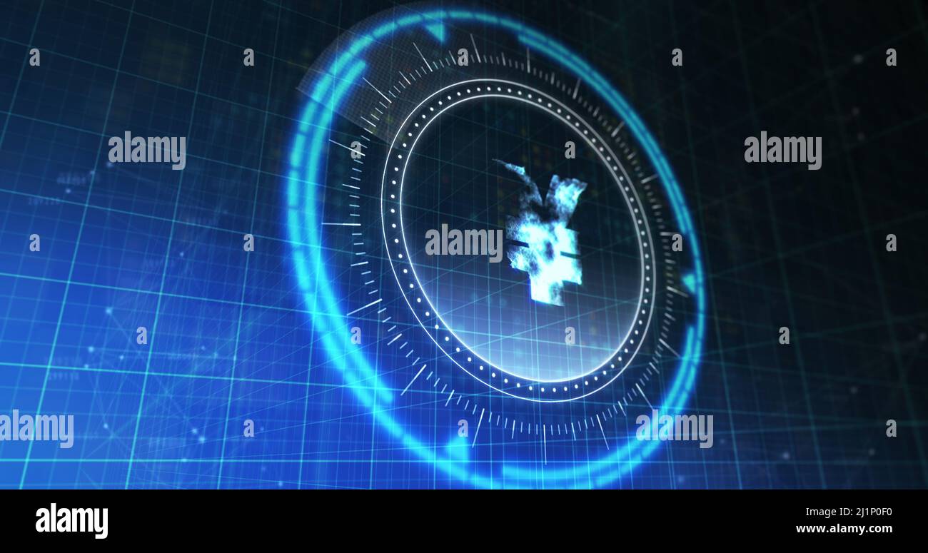 Image of processing circle with rotating yen over blue and black ...