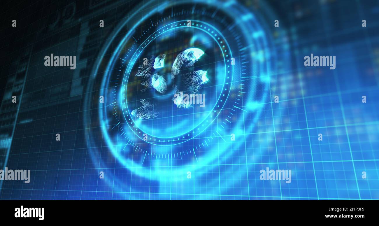 Image of processing circle with rotating 5g over blue and black digital ...