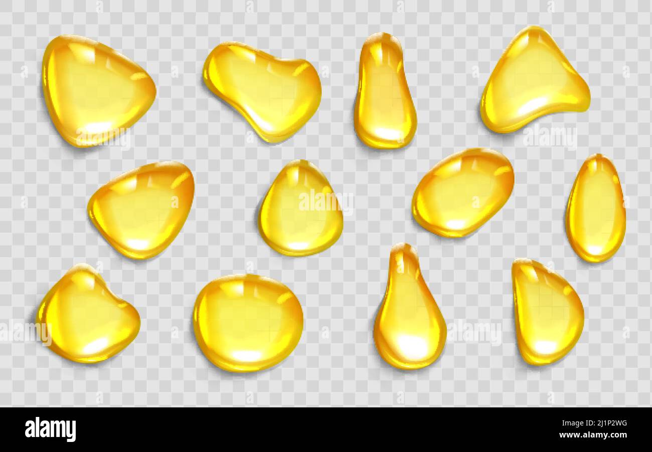 Drops of orange juice or oil, yellow liquid droplets of different ...