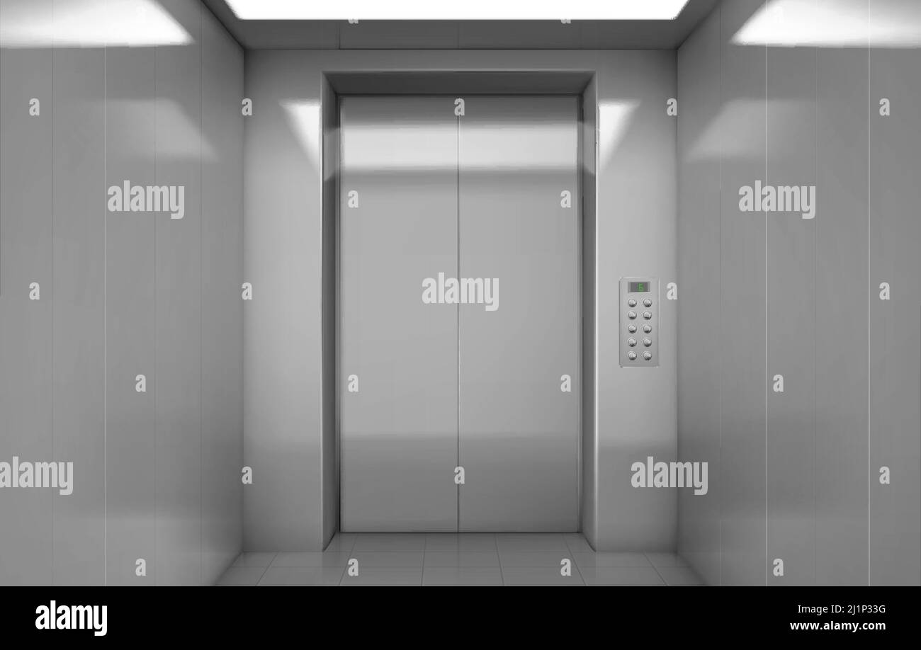 Empty elevator cabin with closed steel doors inside view. Vector ...