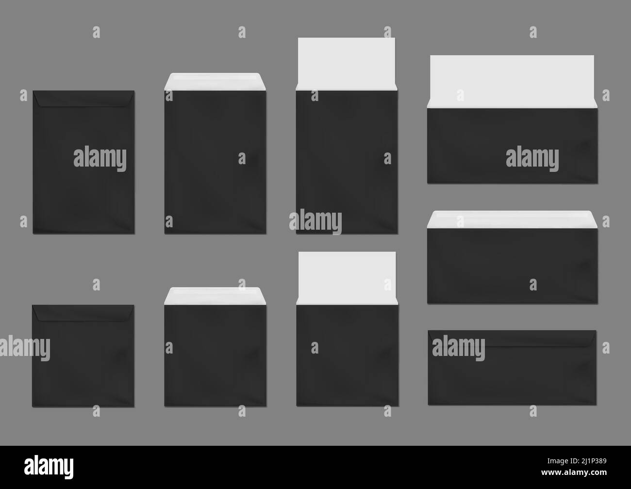 Black envelopes template set. Blank closed and open craft paper covers ...