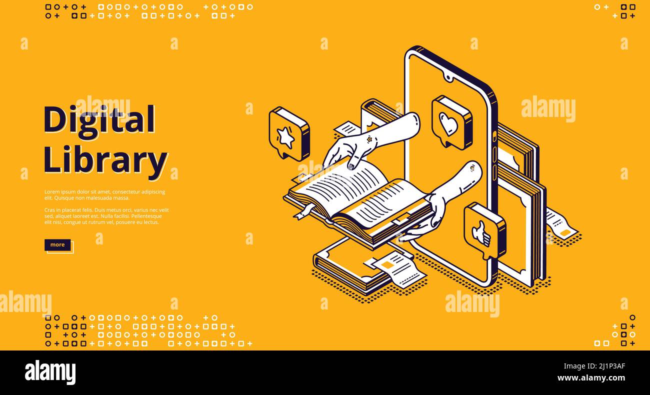 Online library isometric landing page. internet service, app for reading. Human hands holding ...