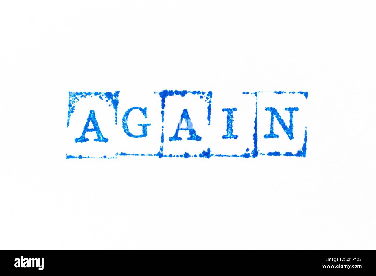 Blue color ink rubber stamp in word again on white paper background ...