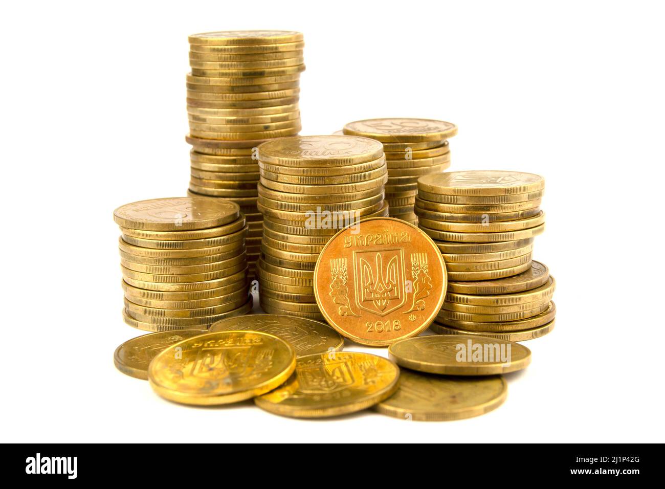 Golden coins isolated on white background. Ukrainian coins with the ...