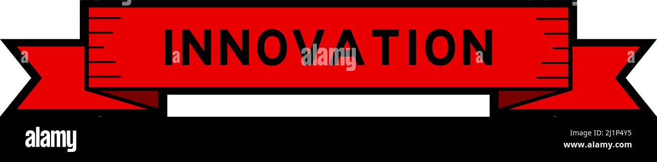Ribbon label banner with word innovation in red color on white ...