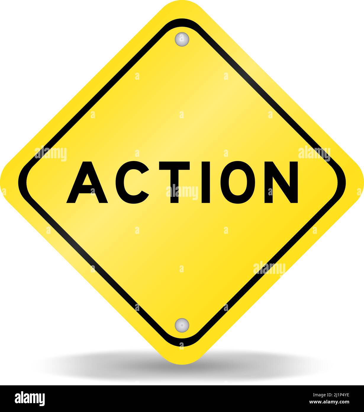 Yellow color transportation sign with word action on white background ...