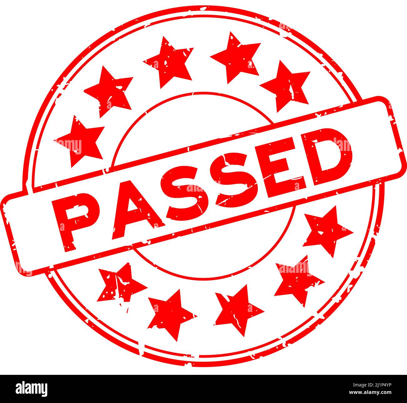 Grunge red passed word with star icon round rubber seal stamp on white ...