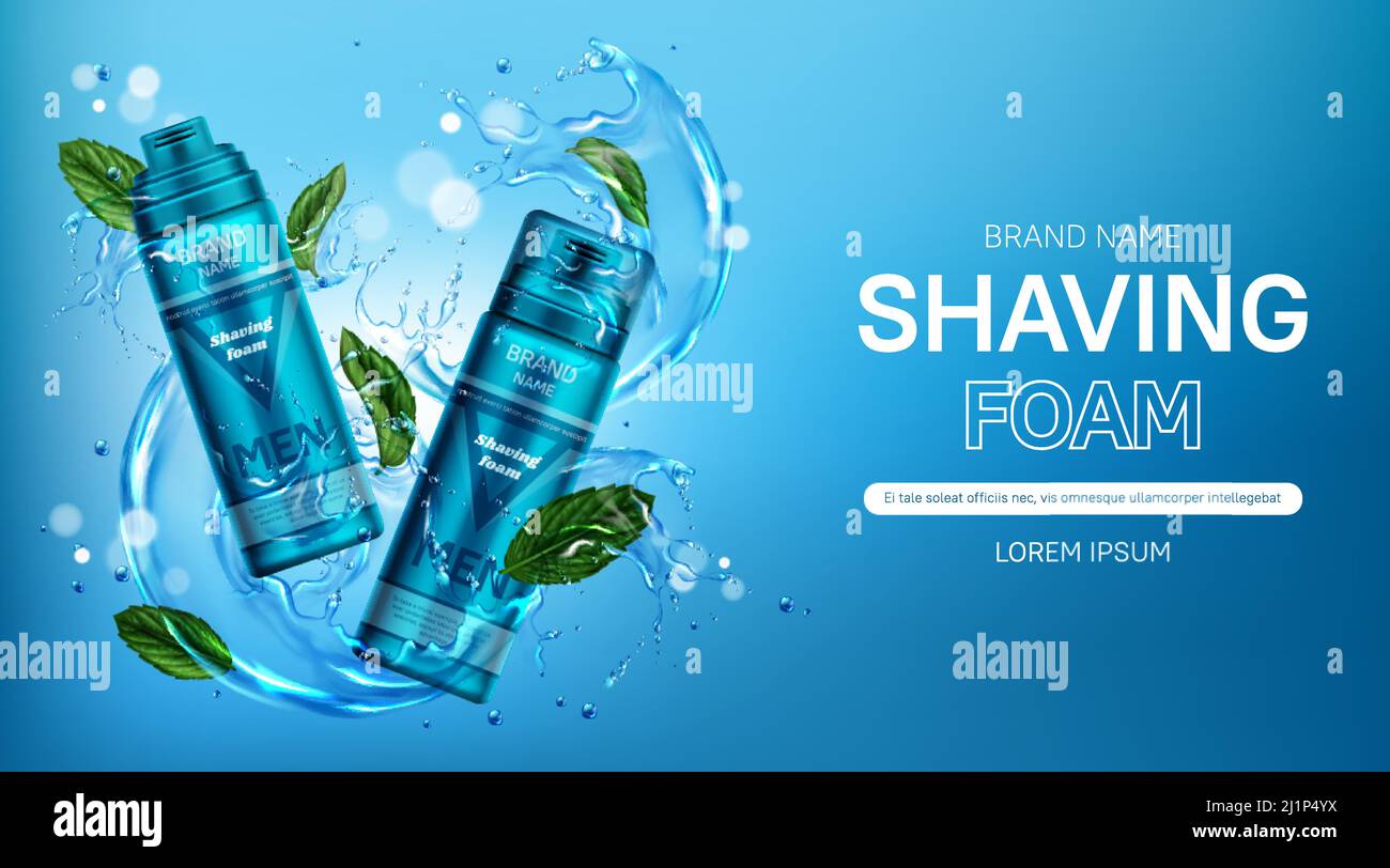 Shaving foam men cosmetics bottles ad banner with mint, water splashes ...