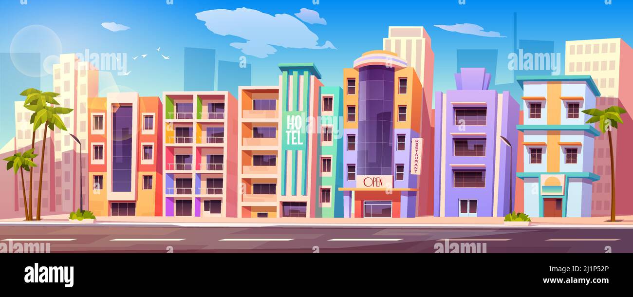 Street in Miami with buildings, hotels, road and palm trees. Vector ...