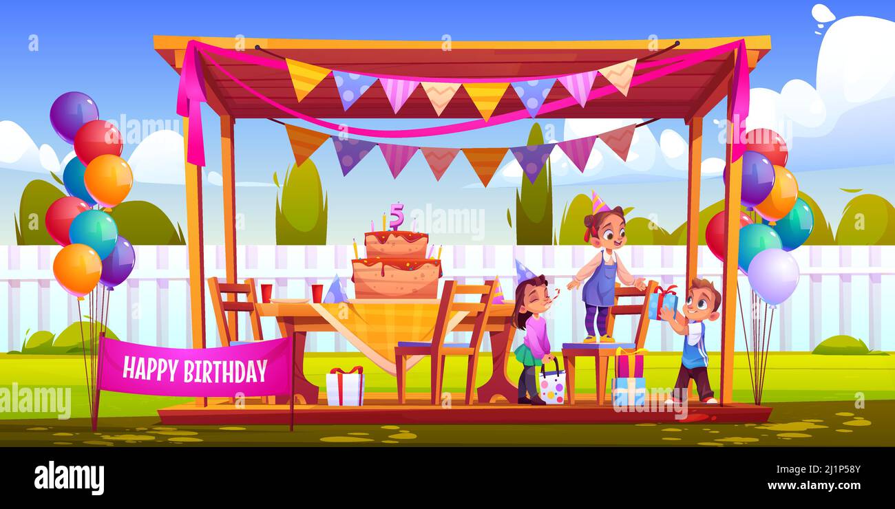 Birthday outside party on backyard. Kids celebrate anniversary, give ...