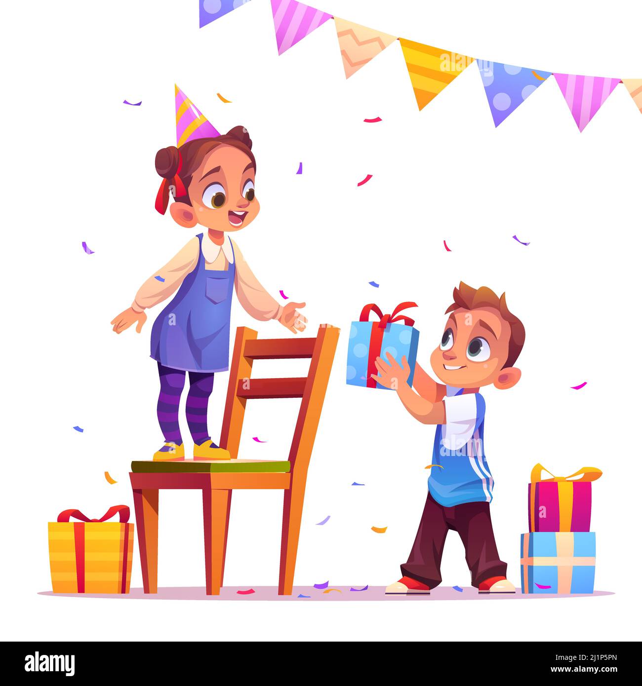 Birthday girl receive gift from boy. Little child in festive hat stand ...