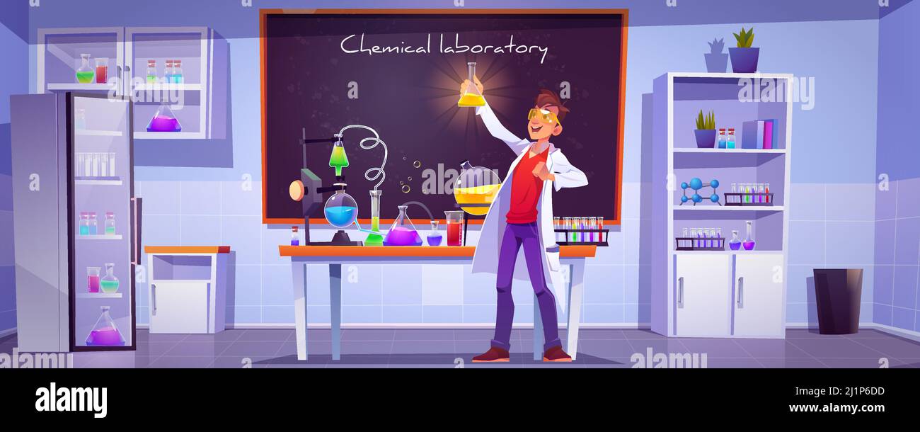 Chemical laboratory interior with scientific equipment, glass flasks ...