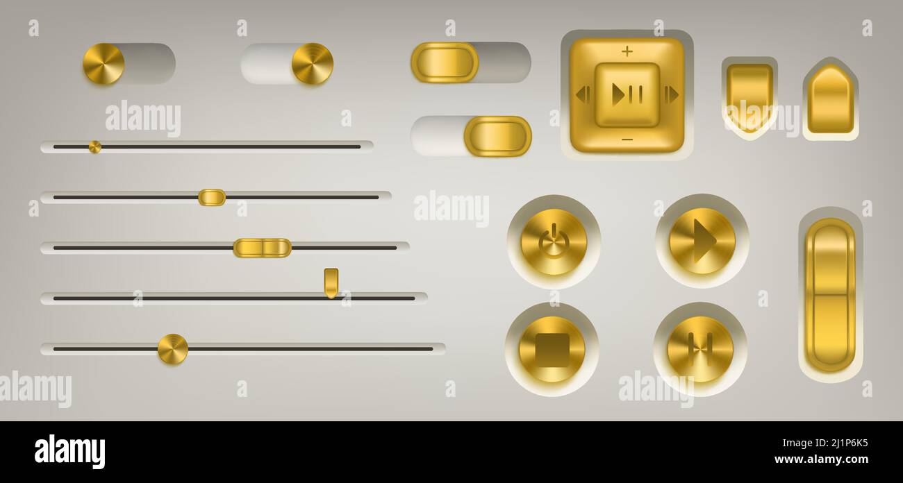 Music control panel with golden buttons, knobs, switch and volume ...