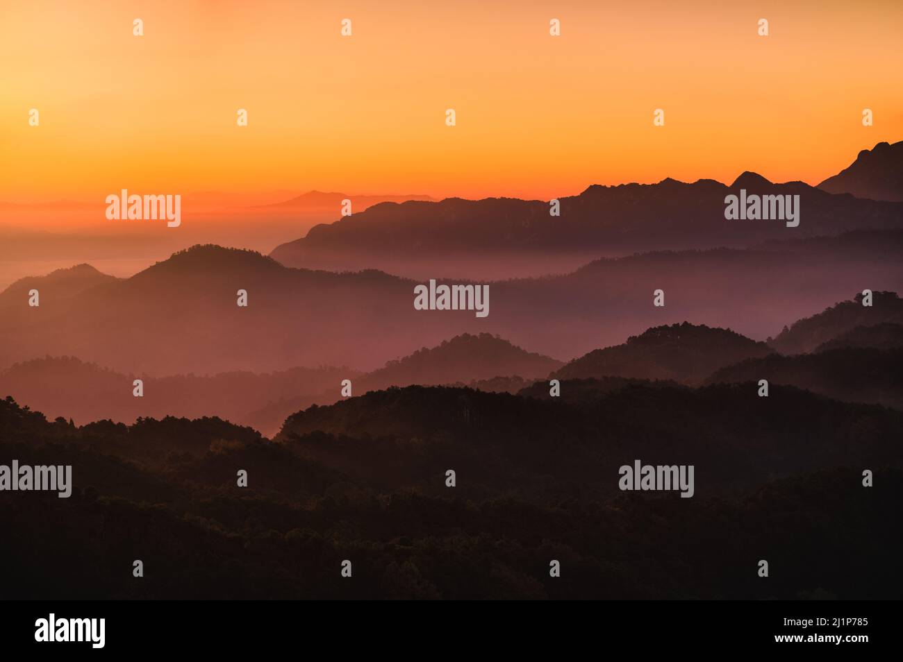 Beautiful golden sky with mountain layers in the morning at national ...