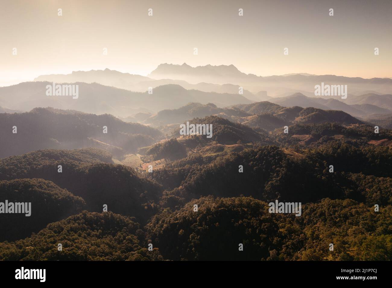Aerial view of Doi Luang Chiang Dao with stacked mountain layer and ...