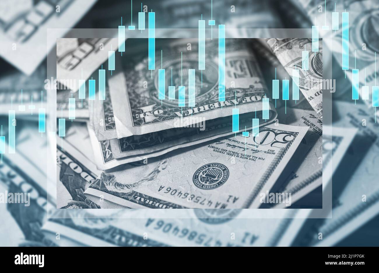 US dollar bills and candlestick chart showing changes in price of money ...