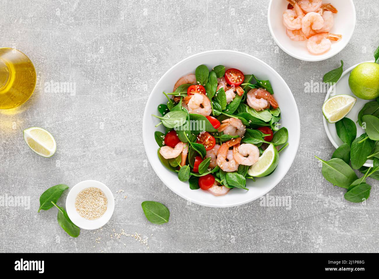 Shrimps spinach tomato fresh salad, low carb ketogenic, keto diet ...