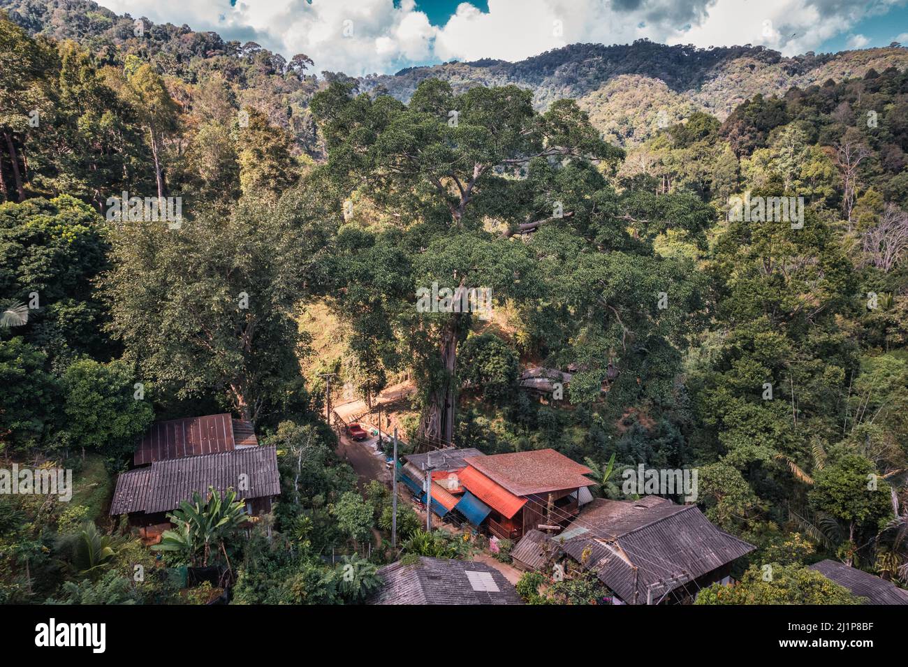 Aerial view of traditional rural village of tribe local people with ...